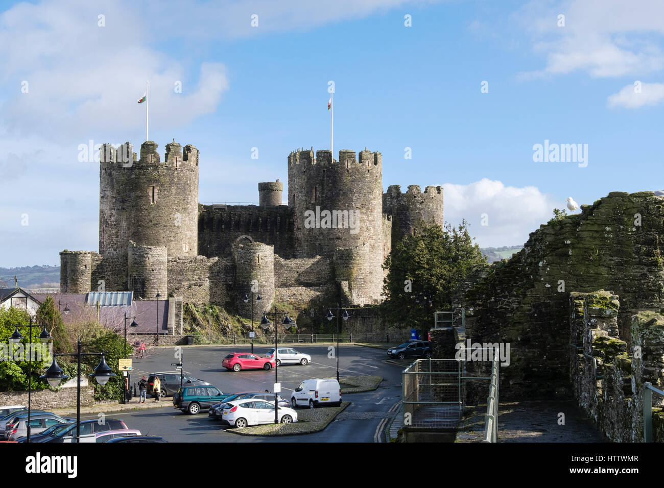Conwy castle car park from the old town walls. Conwy, Wales, UK ...