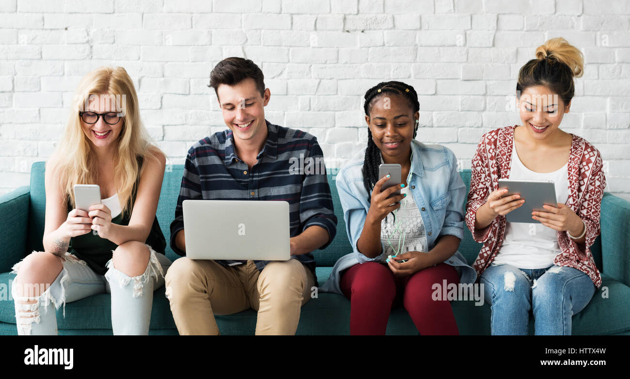 People Friendship Smiling Happiness Digital Devices Technology Stock ...