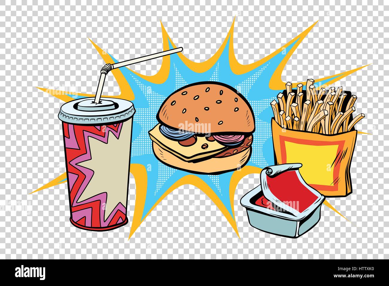 Fast food set Burger fries drink and sauce. Retro comic book style pop ...