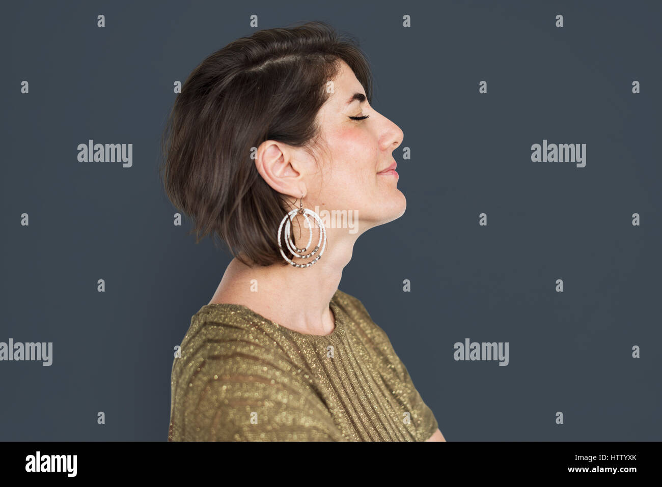 Caucasian Lady Smiling Happy Side View Stock Photo - Alamy