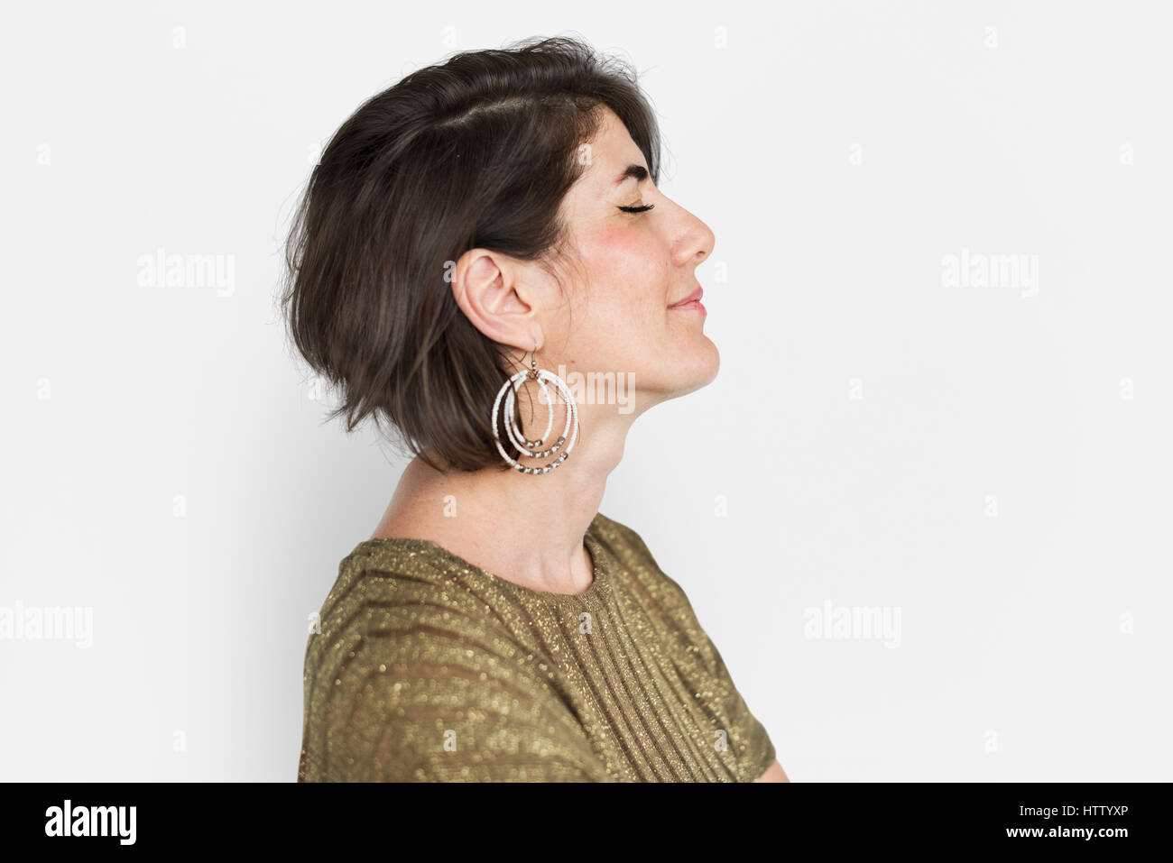 Caucasian Lady Smiling Happy Side View Stock Photo - Alamy