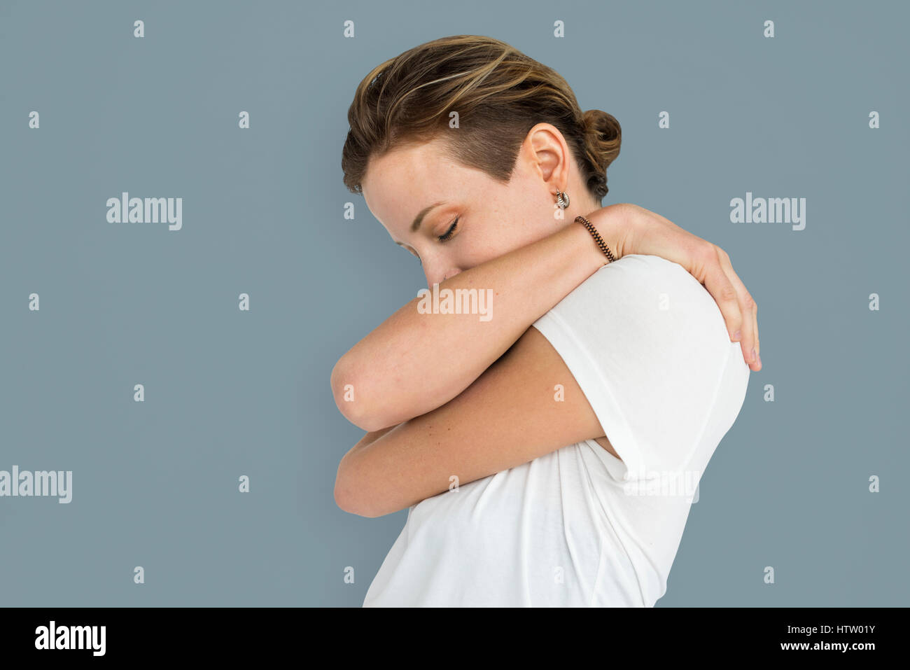 Caucasian Lady Lonely Hug Concept Stock Photo - Alamy