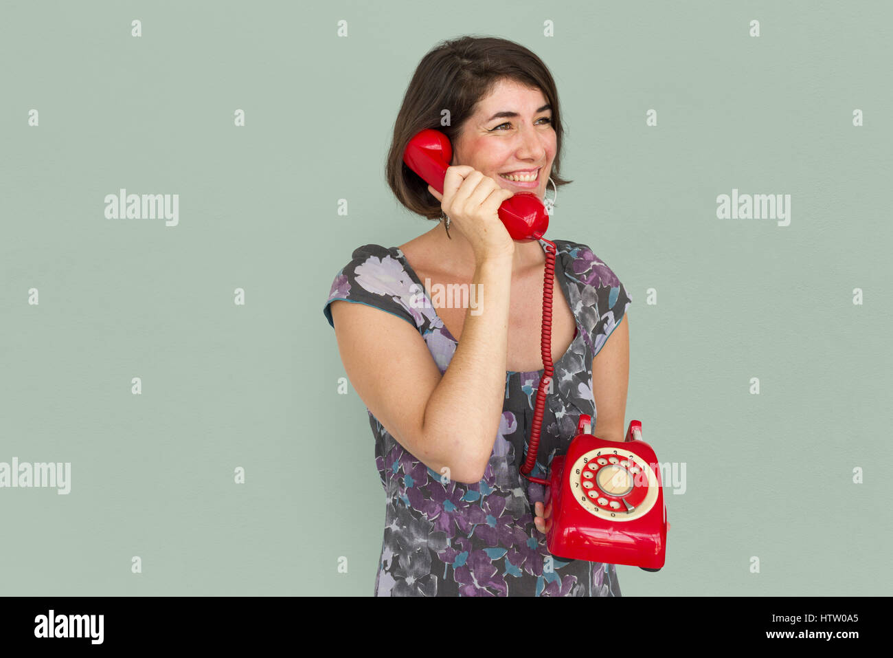 Caucasian Lady Red Telephone Concept Stock Photo - Alamy
