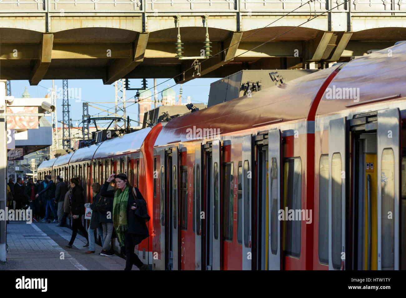 München, Munich, bridge Hackerbrücke, S-Bahn train, church Frauenkirche ...