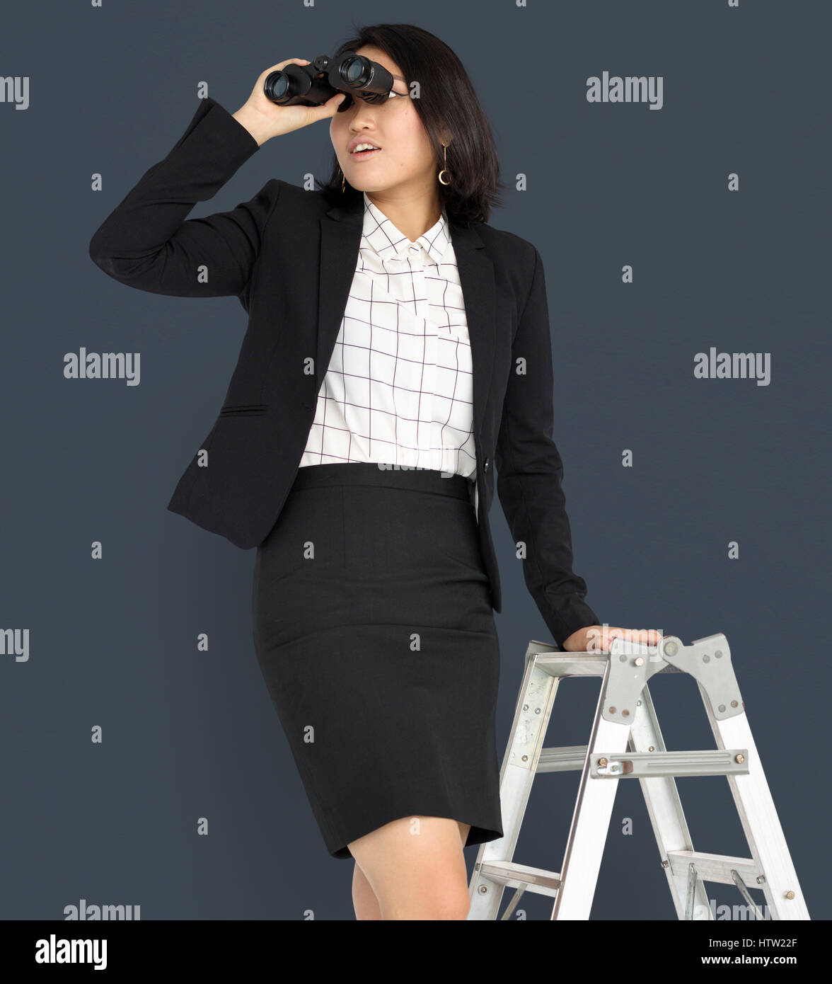 Asian Business Woman Ladder Binoculars Stock Photo - Alamy