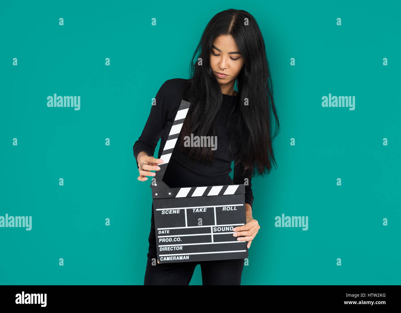 Young Women Hands Hold Clapper Board Stock Photo - Alamy