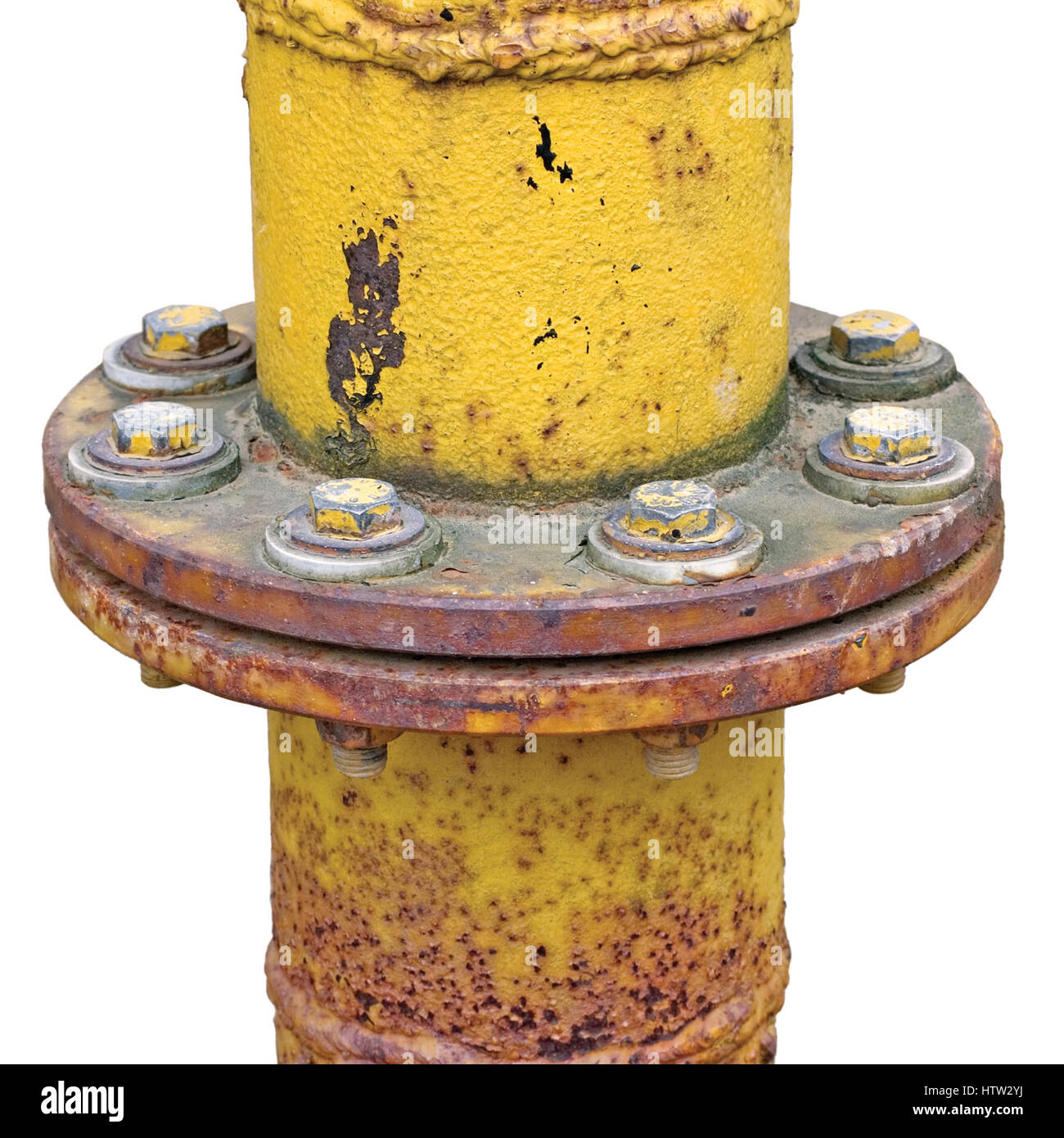 Weathered old aged grunge gas pipe connection flange joints, isolated ...