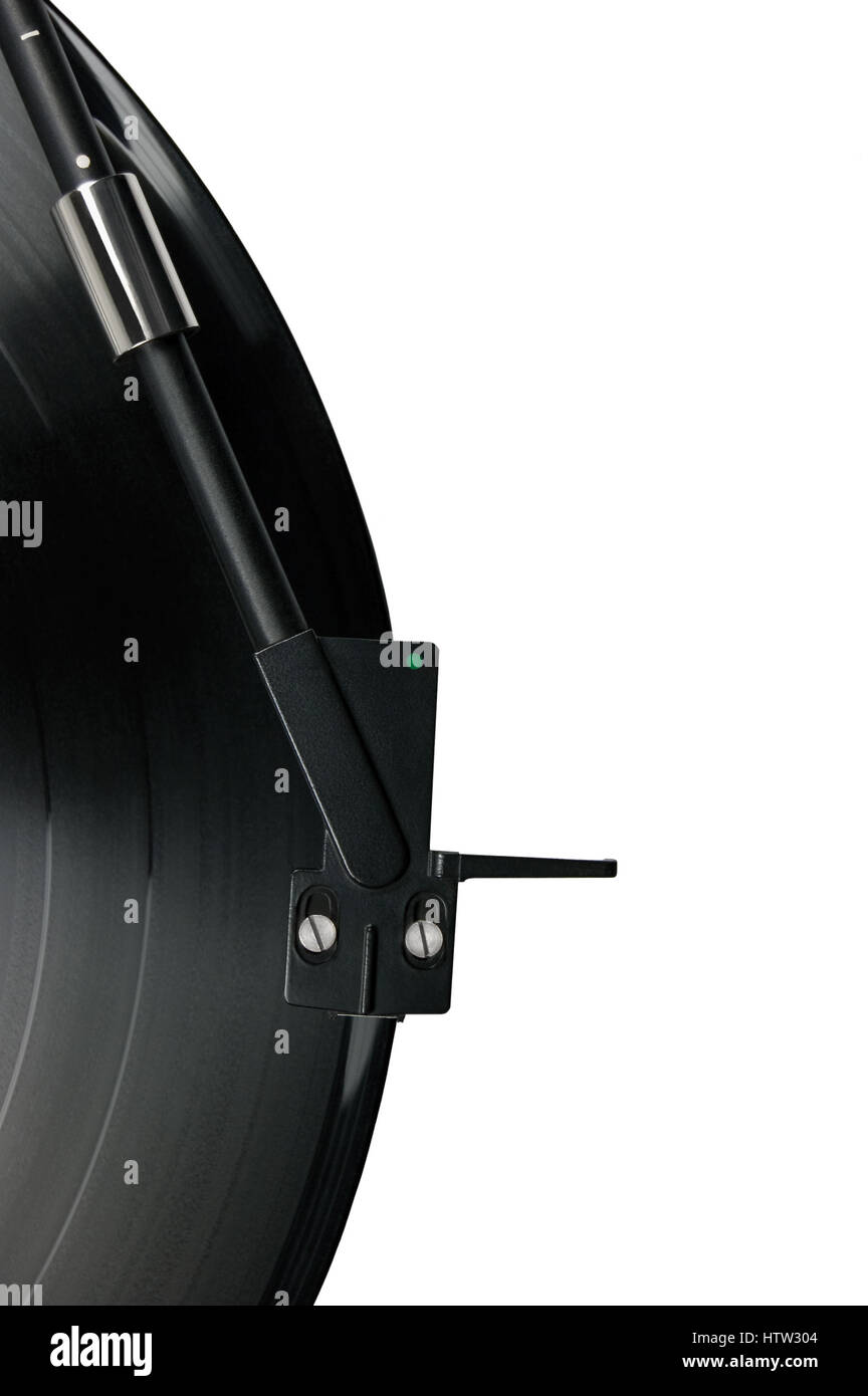 Tonearm on vinyl record LP, black green dot pickup headshell, isolated ...