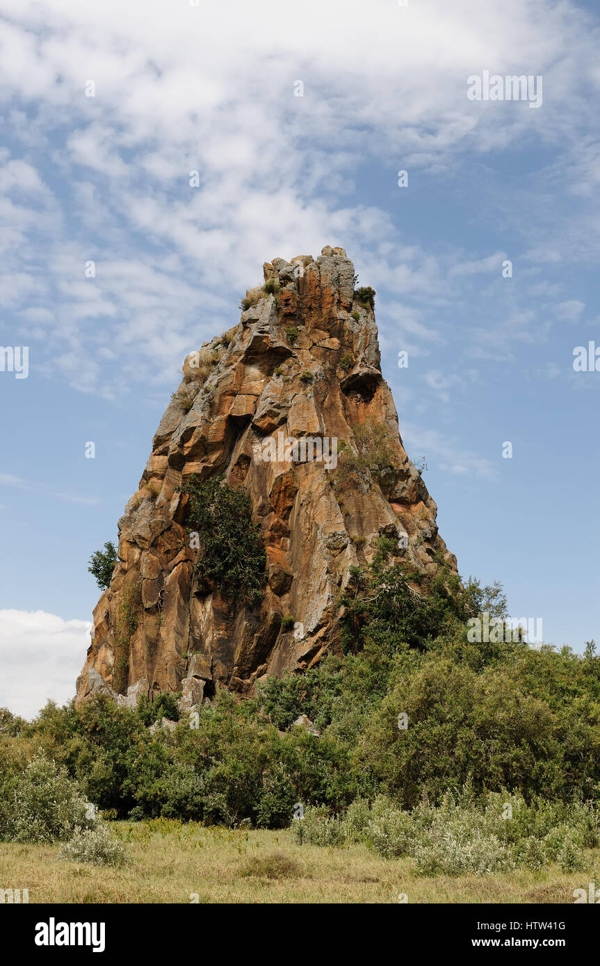 Stark rock towers in the Hells Gate National Park in Kenya Stock Photo ...
