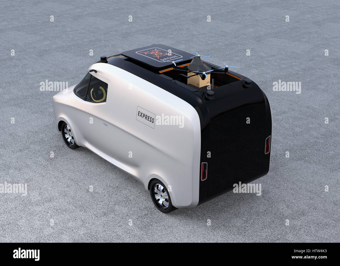 Drone taking off from van for delivering cardboard parcel. 3D rendering ...