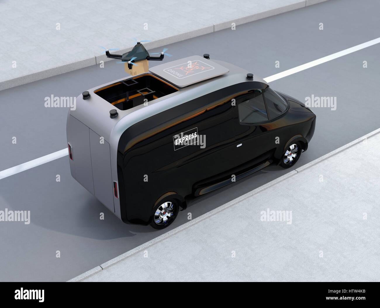 Drone taking off from van for delivering cardboard parcel. 3D rendering ...