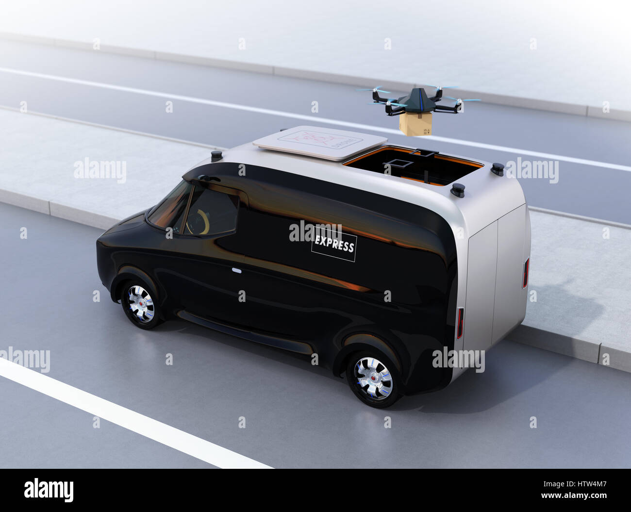 Drone taking off from van for delivering cardboard parcel. 3D rendering ...