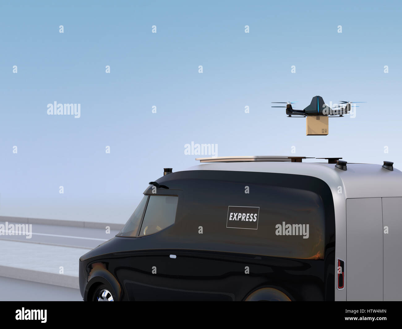 Drone taking off from van for delivering cardboard parcel. 3D rendering ...