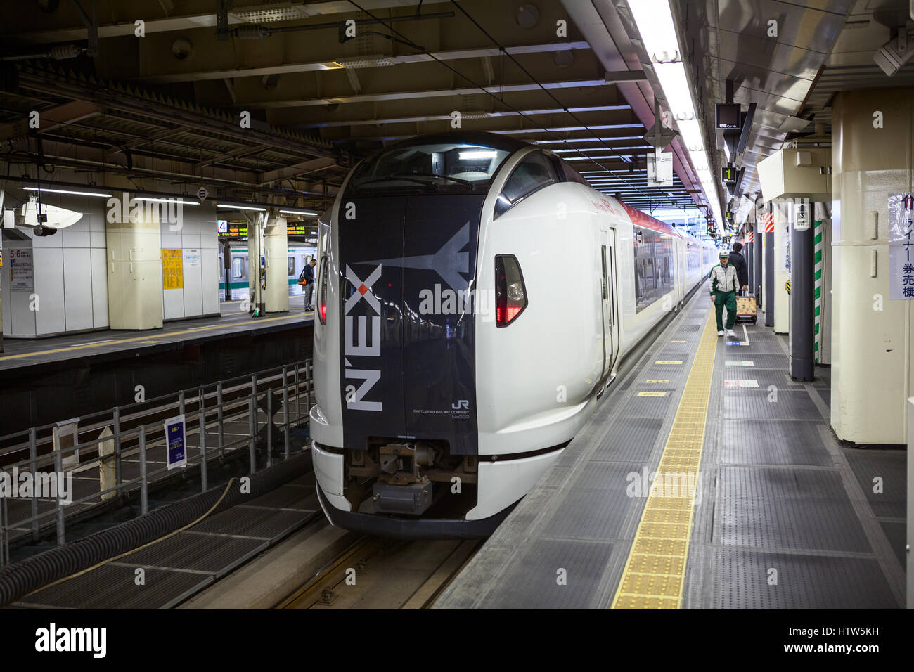 TOKYO, JAPAN - CIRCA APR, 2013: Locomotive of NEX train is near ...