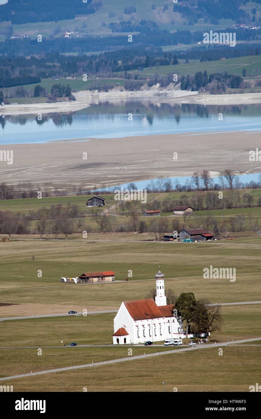 Church in farmland with lake and mountains in back ground Stock Photo ...