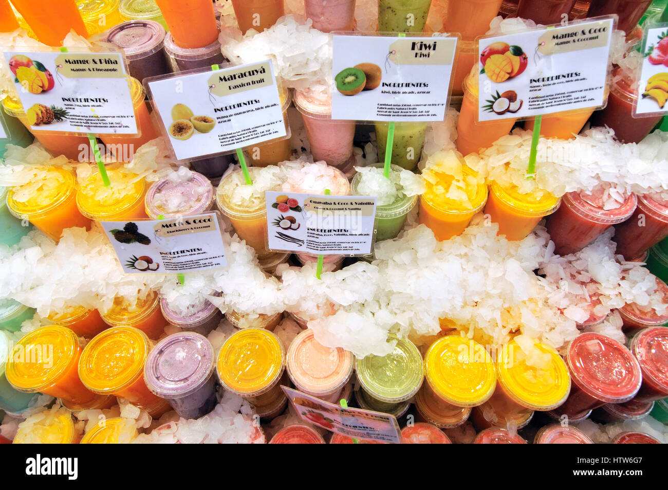 Fruit juices for sle. Boqueria market. Barcelona. Catalonia. Spain ...