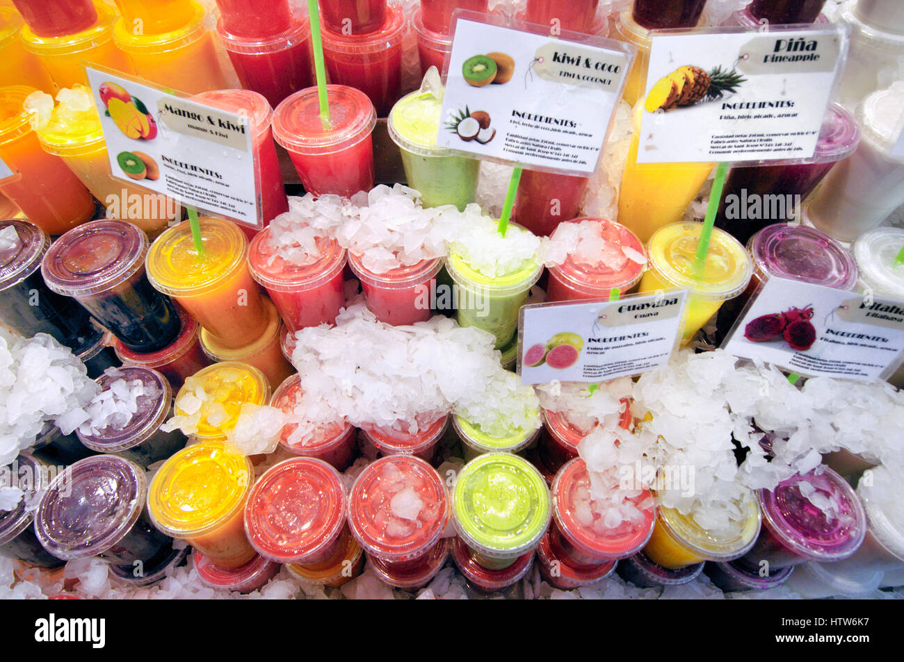 Fruit juices for sle. Boqueria market. Barcelona. Catalonia. Spain ...