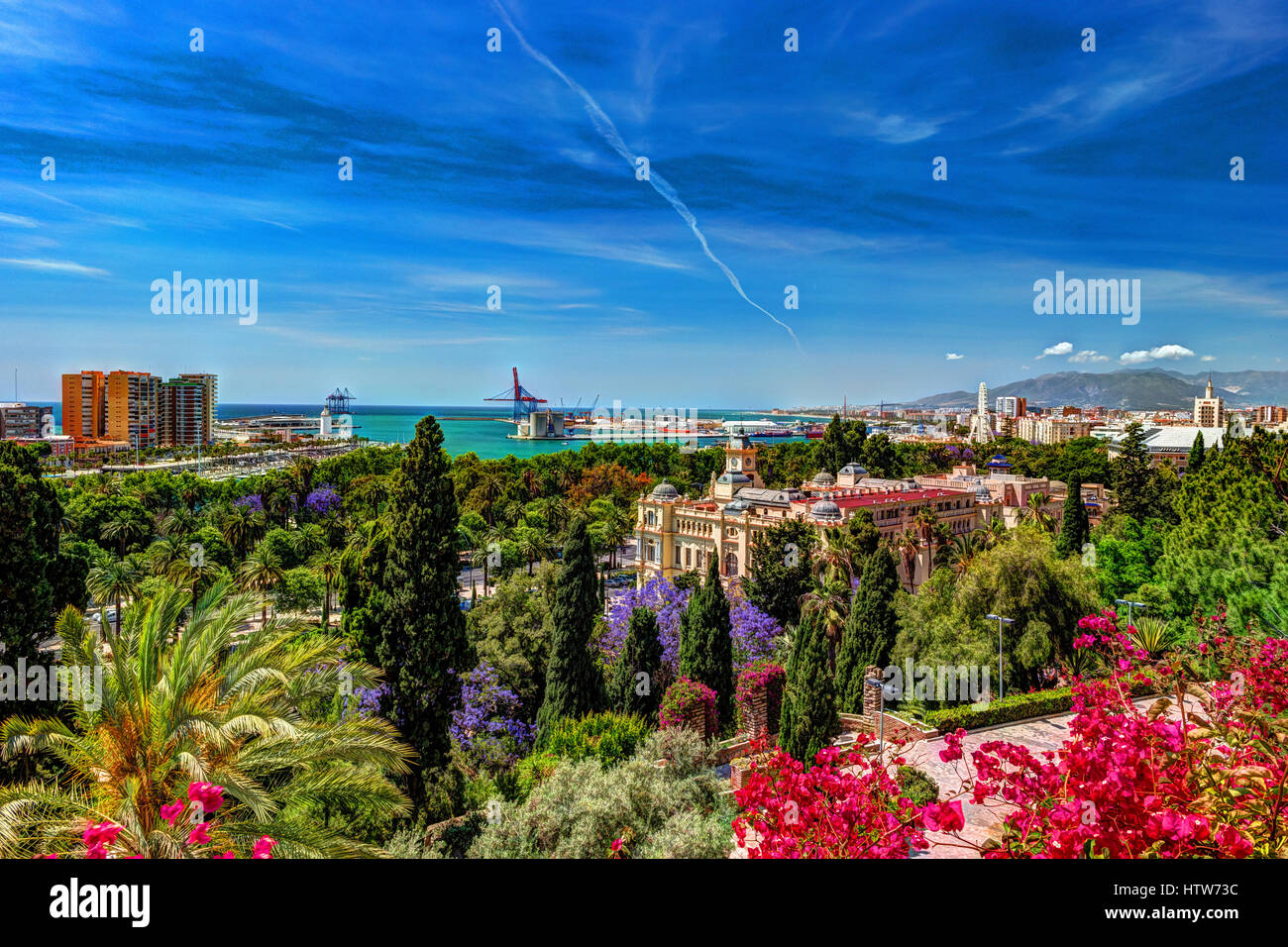 Aerial view of Malaga taken from Gibralfaro castle including port of ...