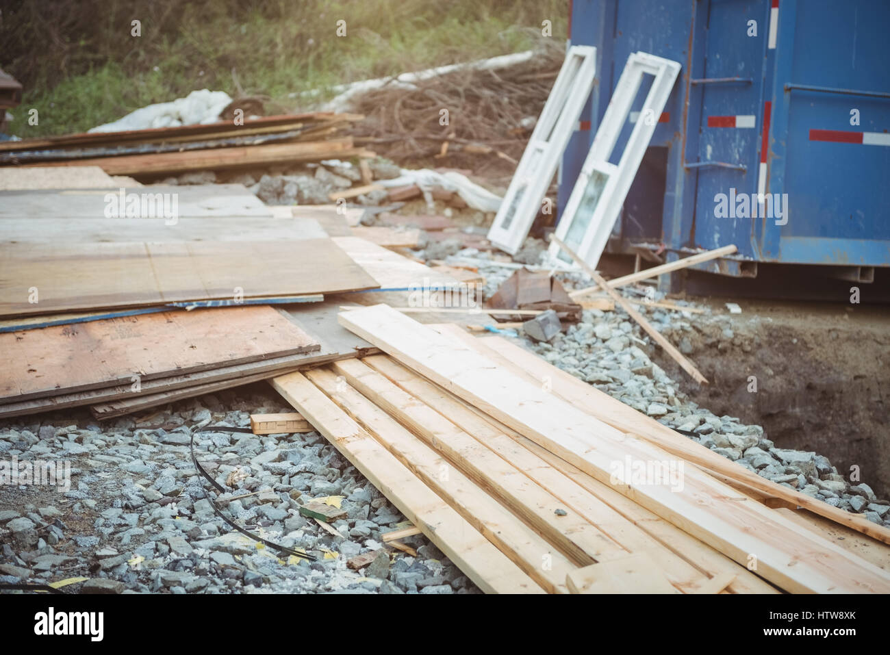 Wooden planks at construction site Stock Photo - Alamy