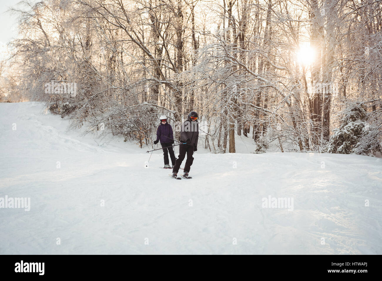 Two skiers skiing in snowy alps Stock Photo - Alamy