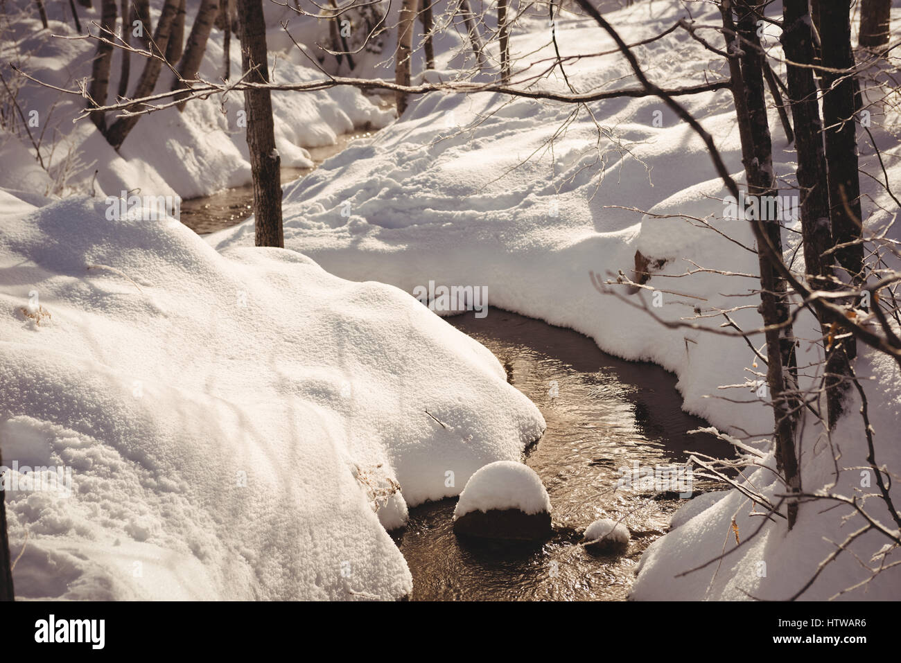 Flowing stream with snow on both the sides Stock Photo - Alamy