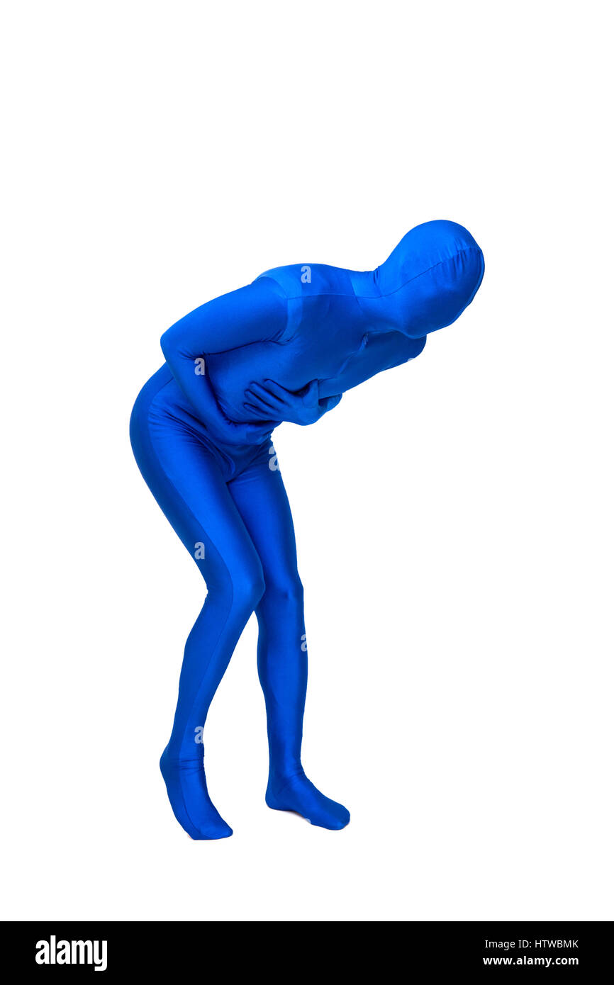 Mysterious blue man in costume has stomach pains Stock Photo - Alamy