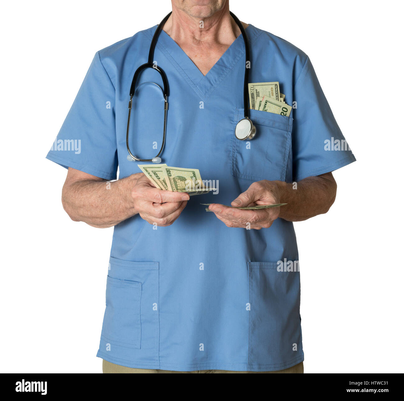 Senior doctor in scrubs counting cash Stock Photo - Alamy