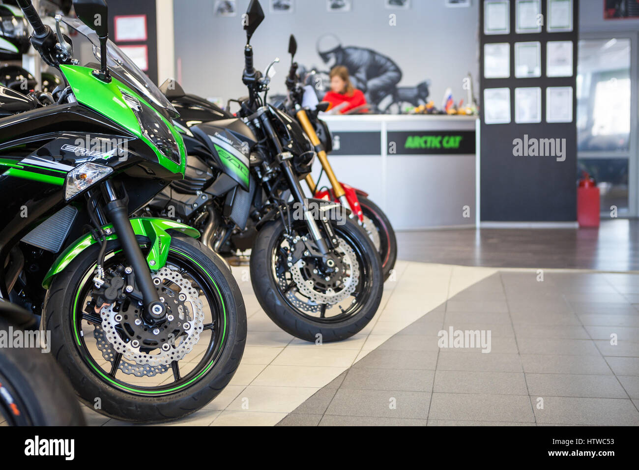 ST. PETERSBURG, RUSSIA - CIRCA FEB, 2017: Motorcycle dealer showroom ...