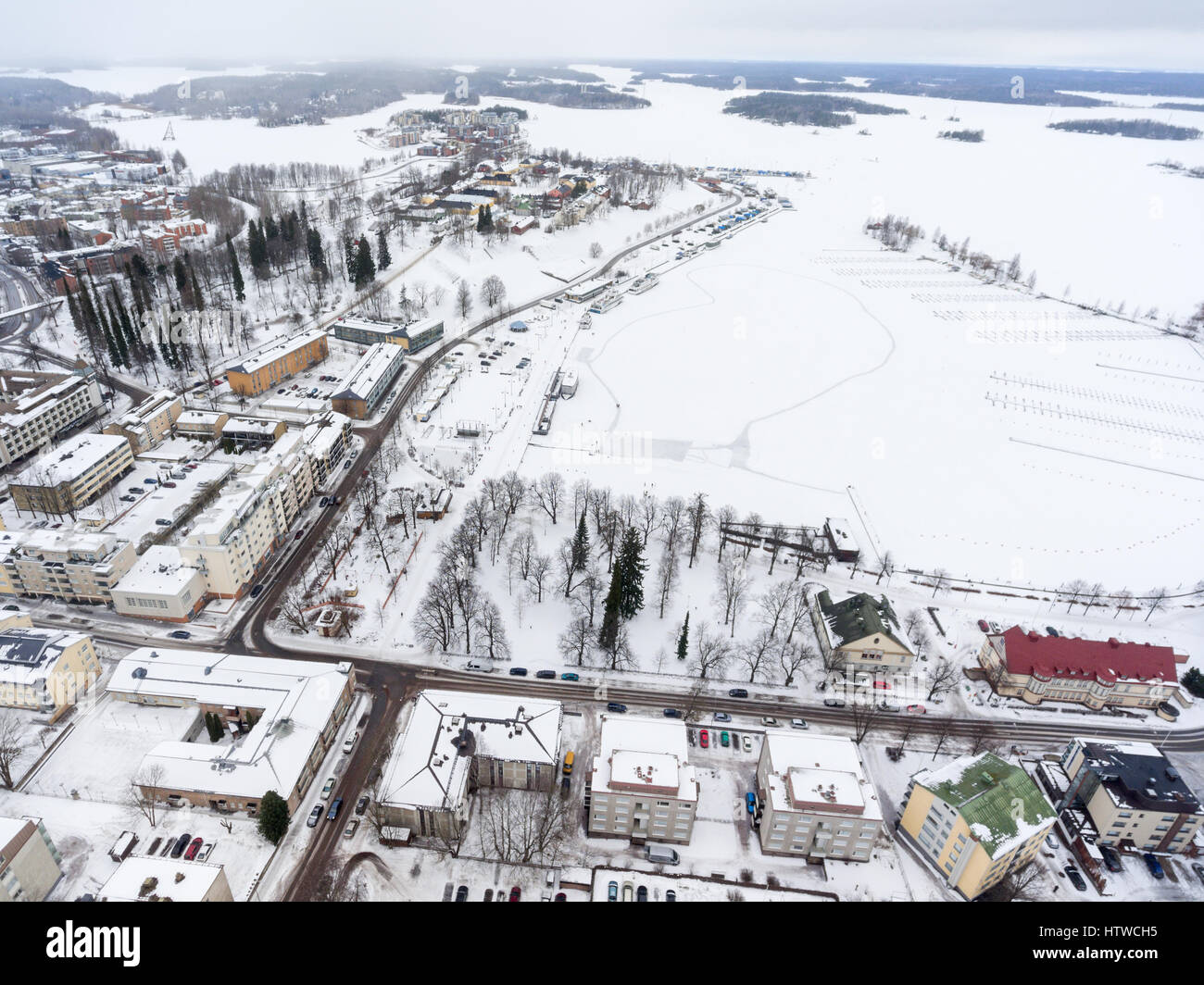Panorama of Lappeenranta city with snow covered houses, streets and ...
