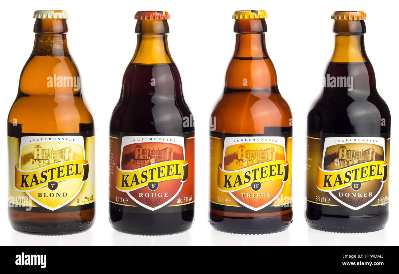 Bottle of Belgian Kasteel Tripel, Donker, Blonde and Red beer isolated ...