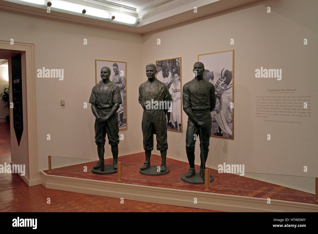 Statues of (l-r) Lou Gehrig, Jackie Robinson and Roberto Clemente in ...
