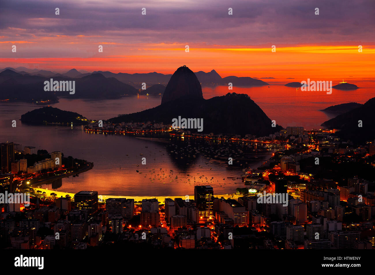 Sunrise at Botafogo Bay with sugarloaf in the distance, Rio de Janeiro ...