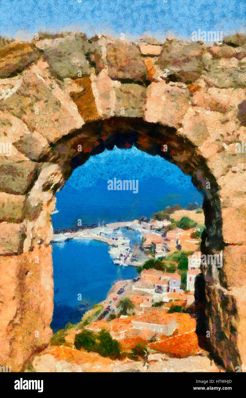 View through the castle in Molyvos town, Lesvos island, Greece Stock ...