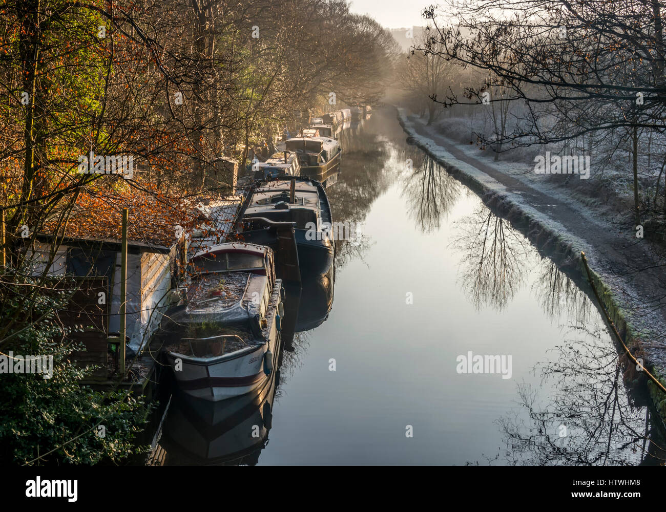 Narrowboats Autumn Mist Hebden Bridge Stock Photo - Alamy