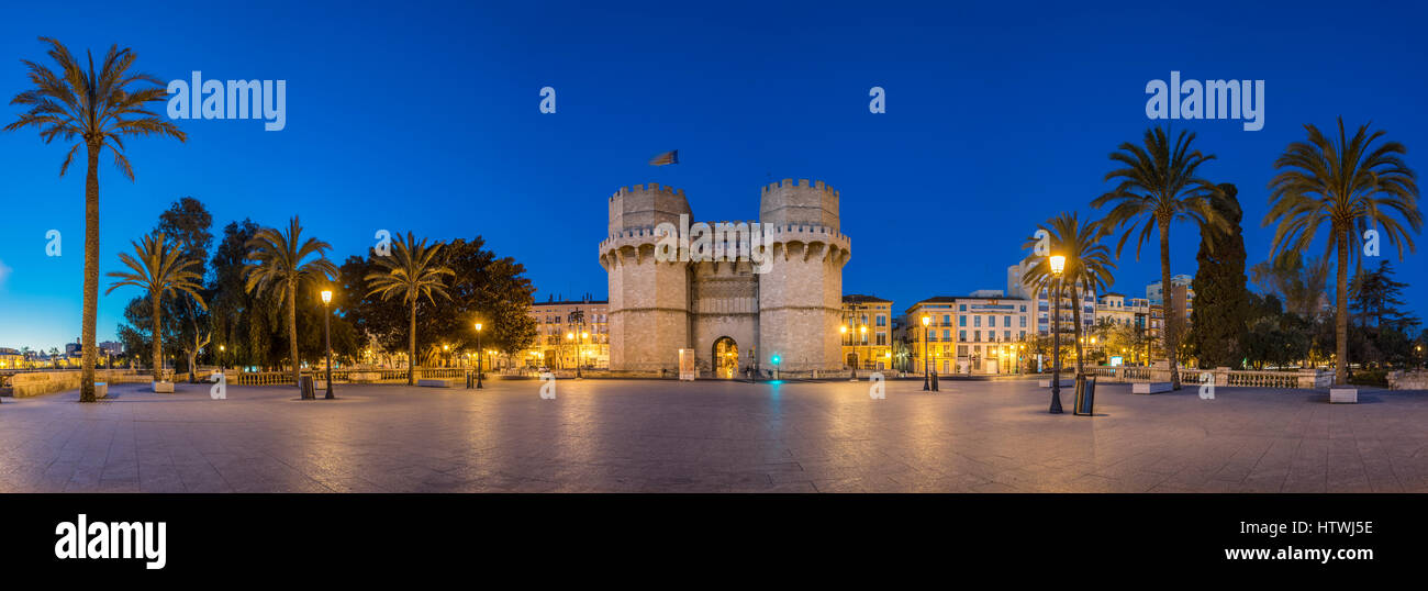Panoramic view of Landmark gothic city gates Torres de Serrano of ...