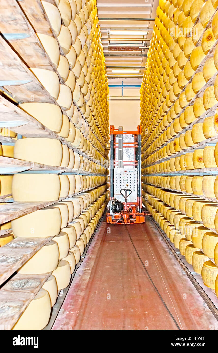 PARMA, ITALY - APRIL 24, 2012: The forklift in row between the racks ...