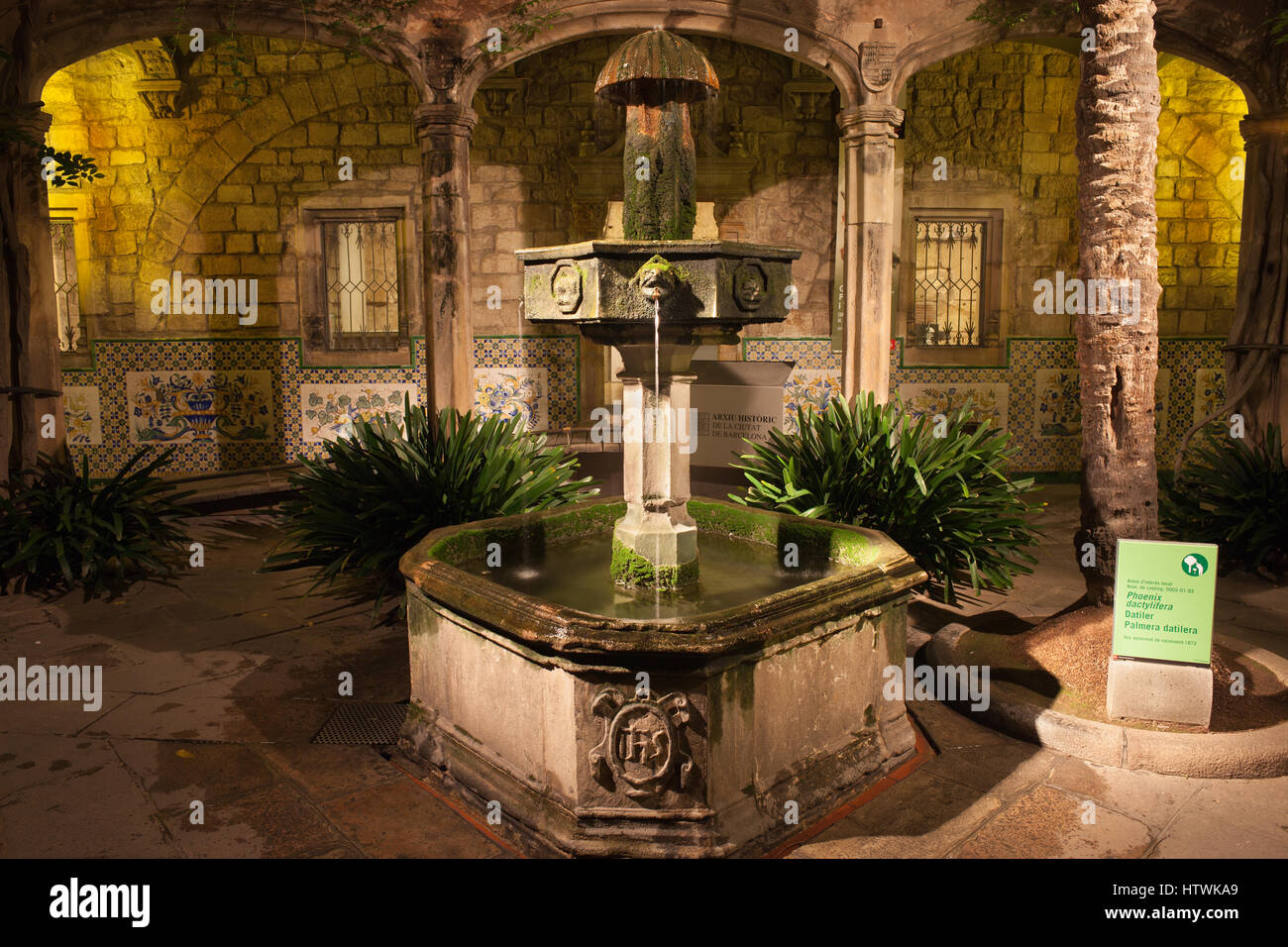 Spain, Barcelona, courtyard and fountain of Casa de l’Ardiaca ...