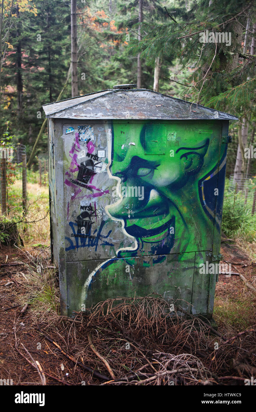 Green monster graffiti on metal box, booth in the forest of Karkonosze ...