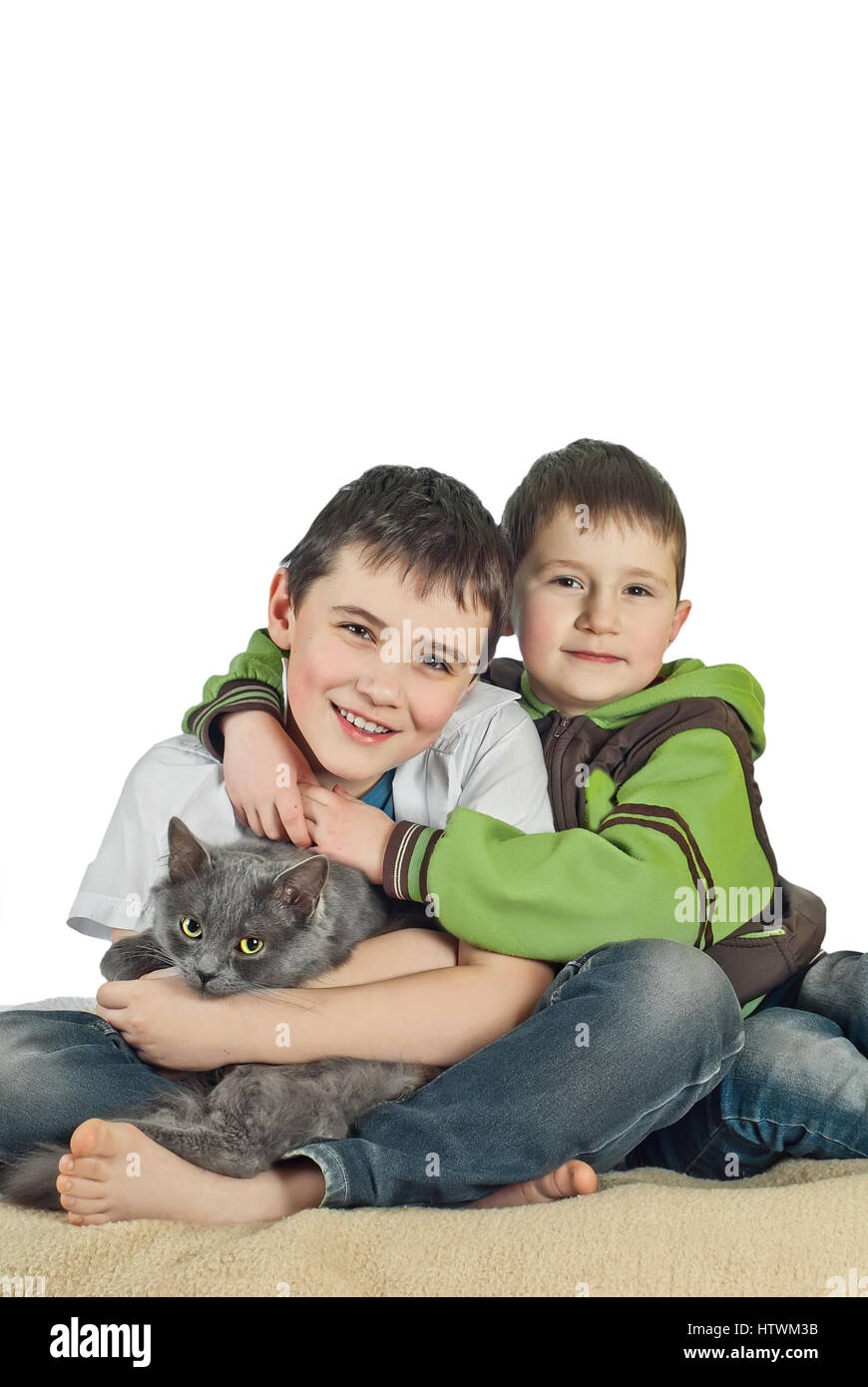 Boy with a gray cat on a white background Stock Photo - Alamy