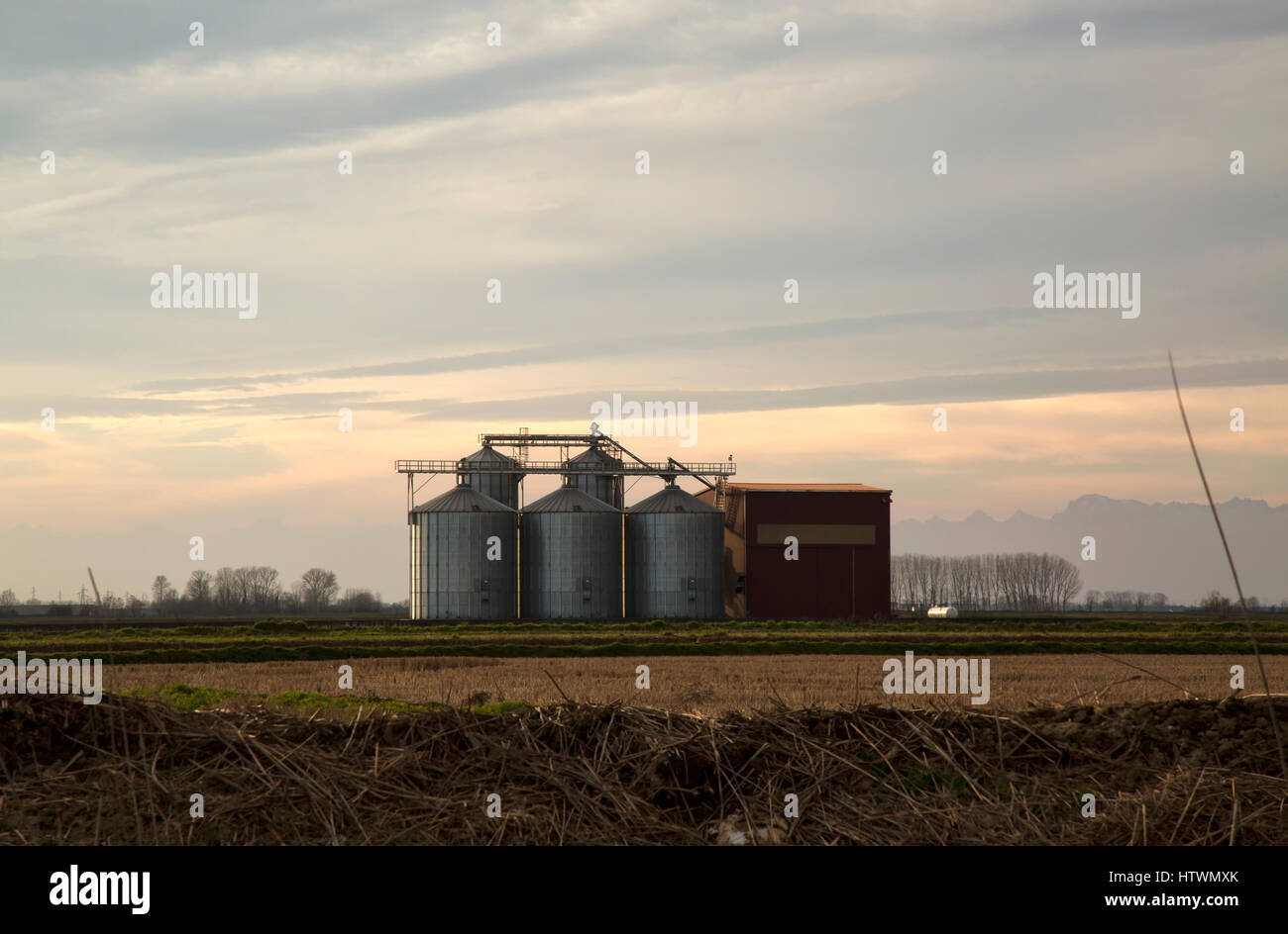 Silos in the country, under sunset light Stock Photo - Alamy
