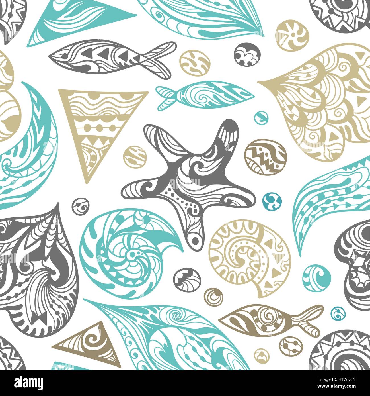 Seamless ocean life texture in abstract sketch zendoodle style Stock ...