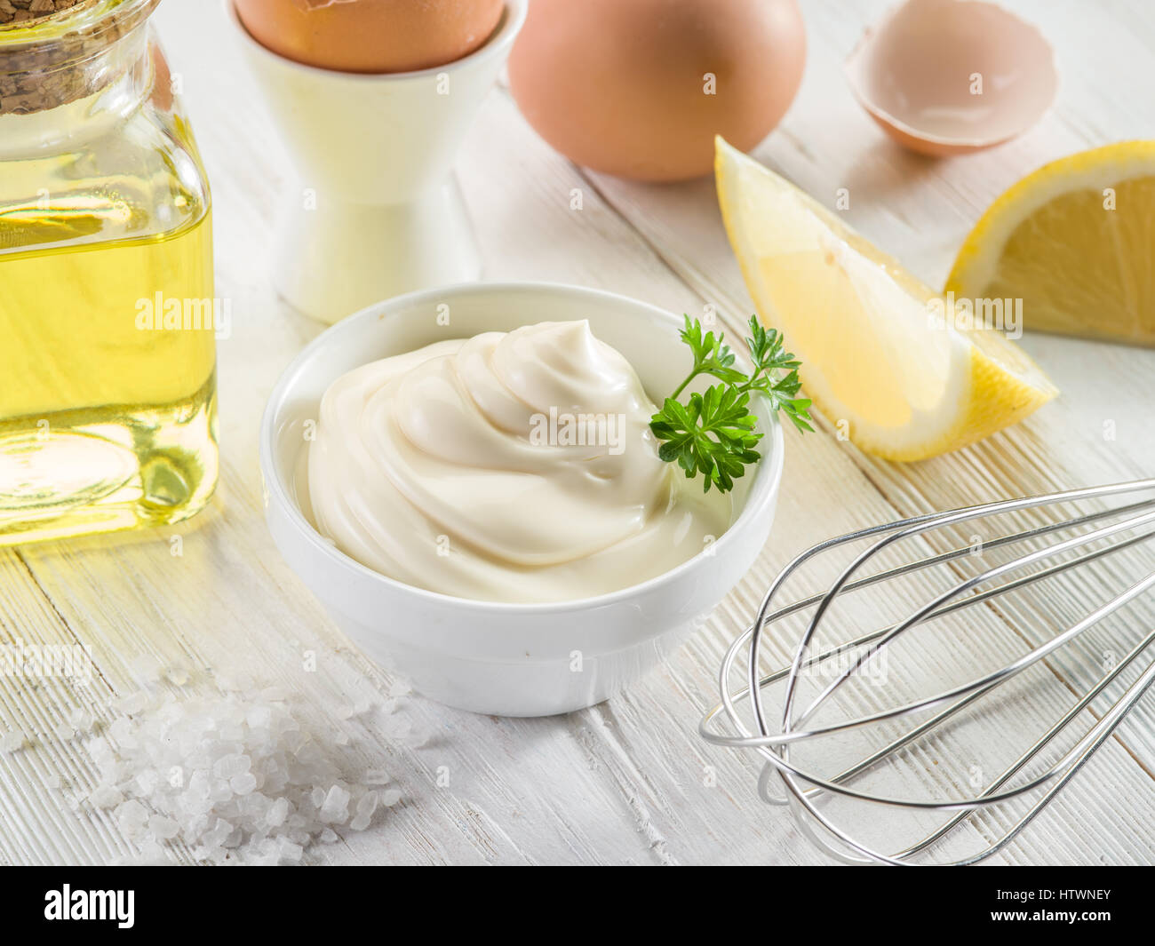 Natural mayonnaise ingredients and the sauce itself Stock Photo - Alamy