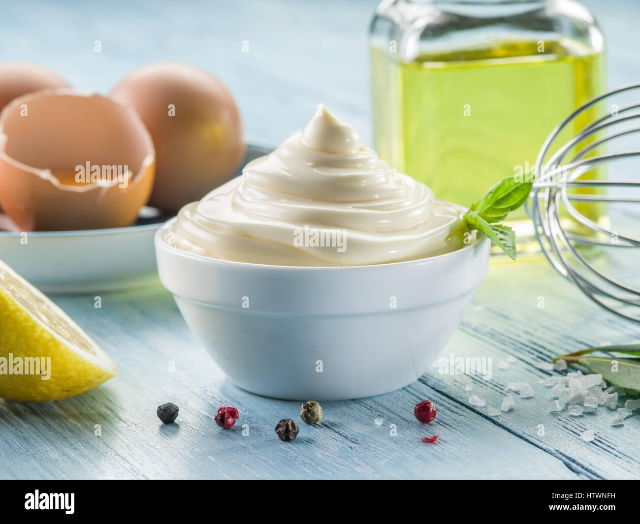 Natural mayonnaise ingredients and the sauce itself Stock Photo - Alamy