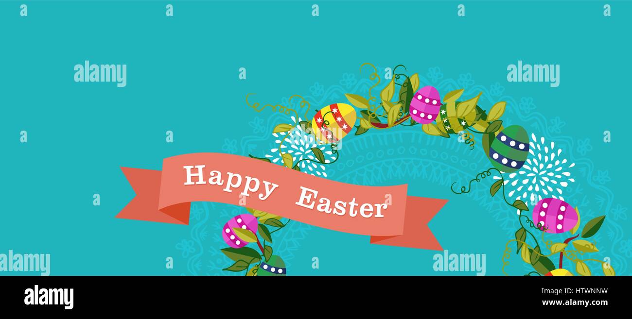 Happy easter banner design, traditional eggs and nature elements with ...