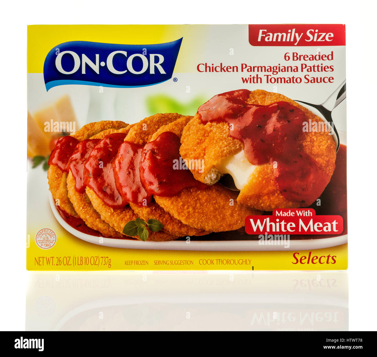 Winneconne, WI - 5 March 2017: Box of On Cor chicken parmagiana patties ...