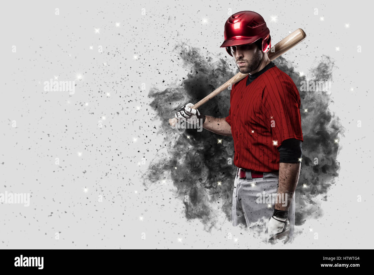 Baseball Player with a red uniform coming out of a blast of smoke Stock ...