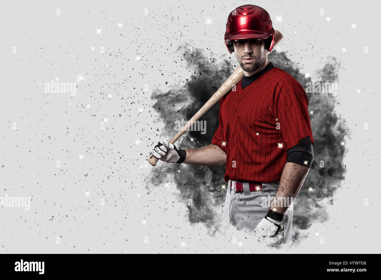 Baseball Player with a red uniform coming out of a blast of smoke Stock ...