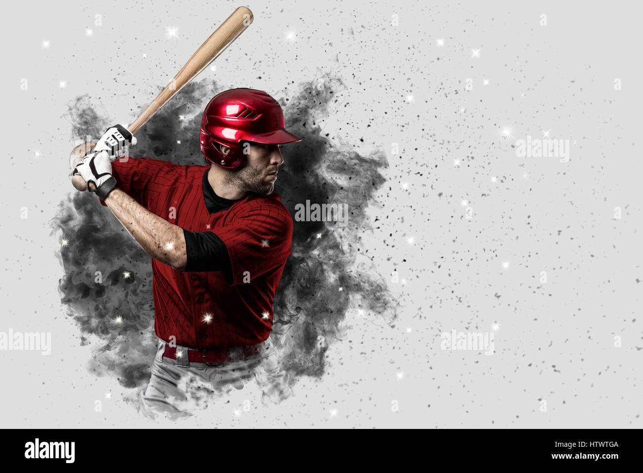 Baseball Player with a red uniform coming out of a blast of smoke Stock ...
