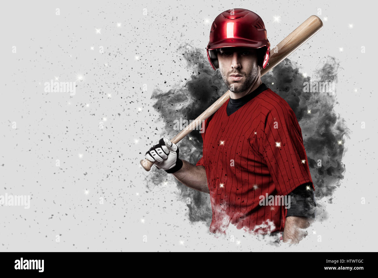Baseball Player with a red uniform coming out of a blast of smoke Stock ...