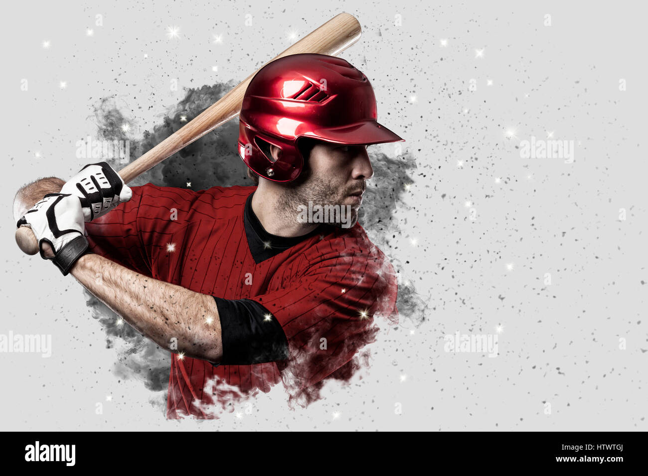 Baseball Player with a red uniform coming out of a blast of smoke Stock ...